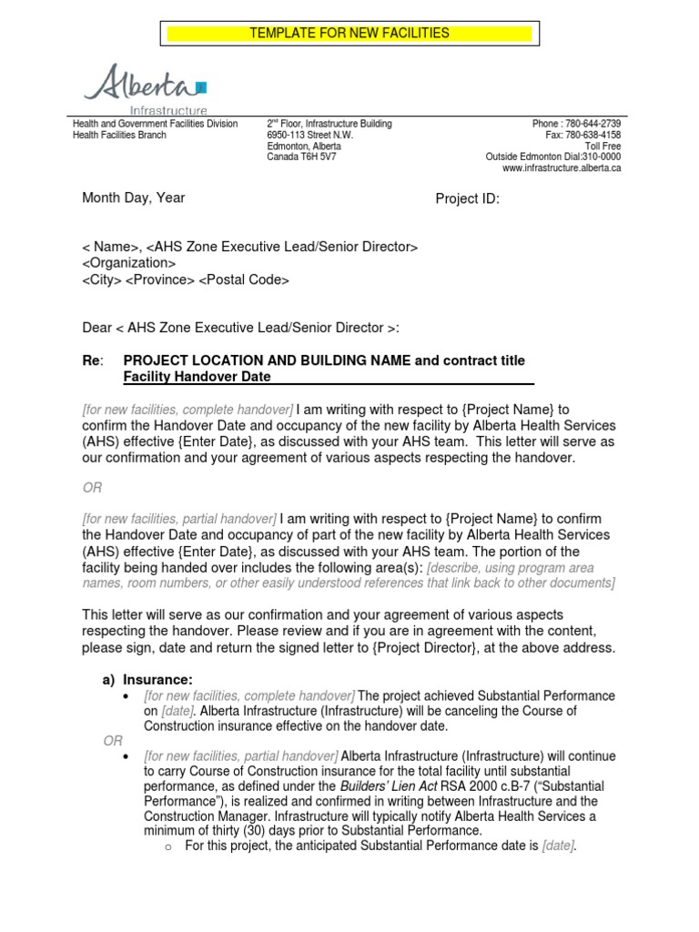 Appendix 12.6 - Handover Letter Template for New Facilities (2 ...