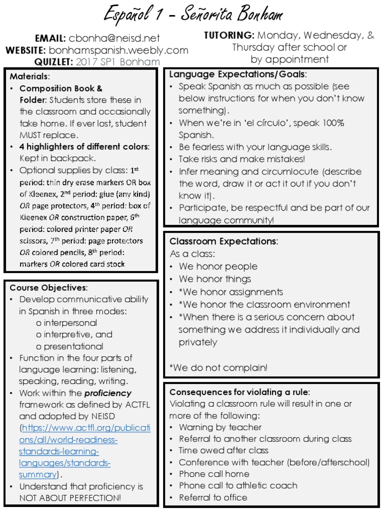 Spanish 1 Syllabus - Bonham Updated | PDF | Homework | Syllabus