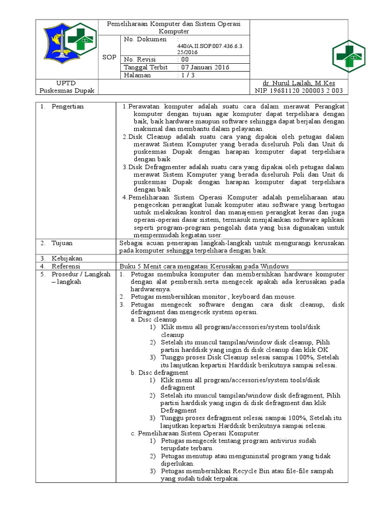 2.1.4 SOP Pemeliharaan Komputer Dan Sistem Operasi Komputer | PDF ...