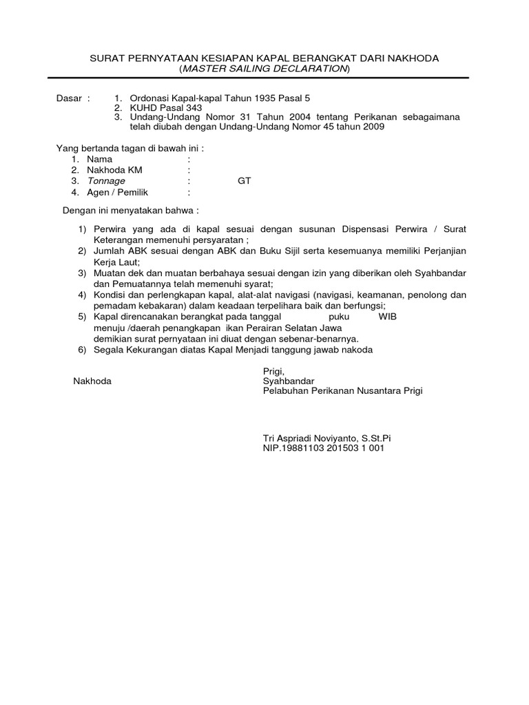 Surat Pernyataan Kesiapan Kapal Berangkat Dari Nakhoda (Master Sailing ...