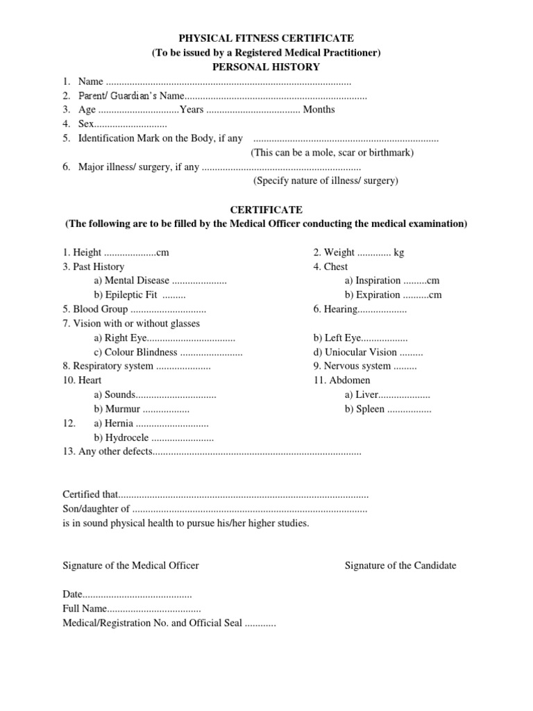 Physical Fitness Certificate: A Template and Guide for Assessing a ...
