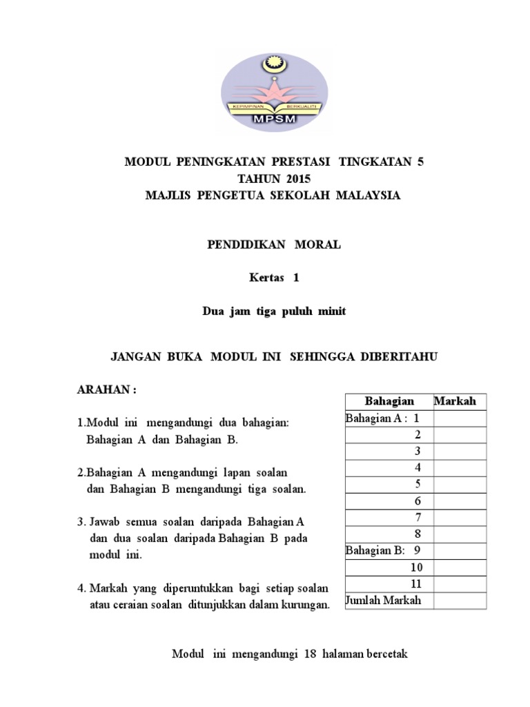 Modul Peningkatan Prestasi Pen - Moral SPM 2015 MPSM | PDF