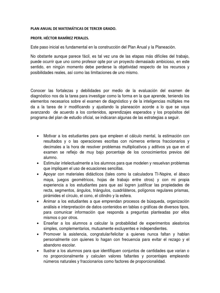 Plan Anual de Matemáticas de Tercer Grado | PDF | Planificación | Cognición