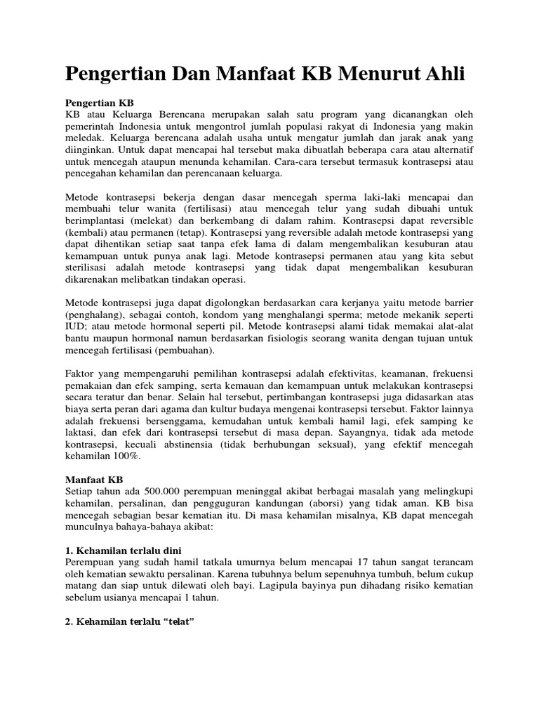 Pengertian Dan Manfaat KB Menurut Ahli | PDF