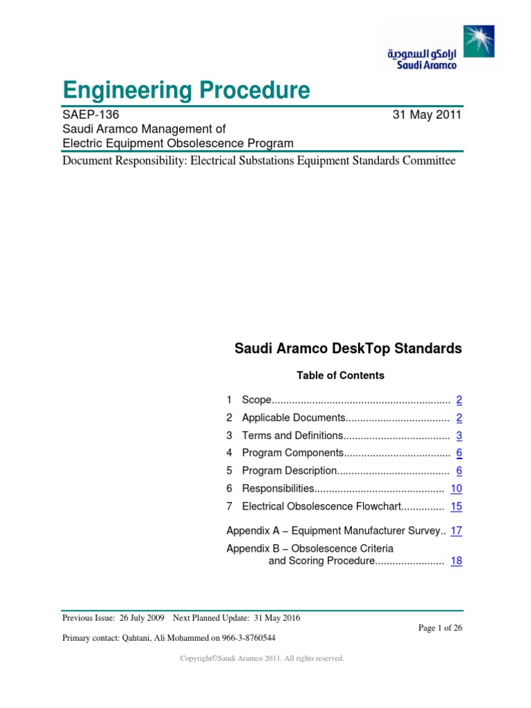 SAEP-136 - Saudi Aramco Management of Electric Equipment Obsolescence ...