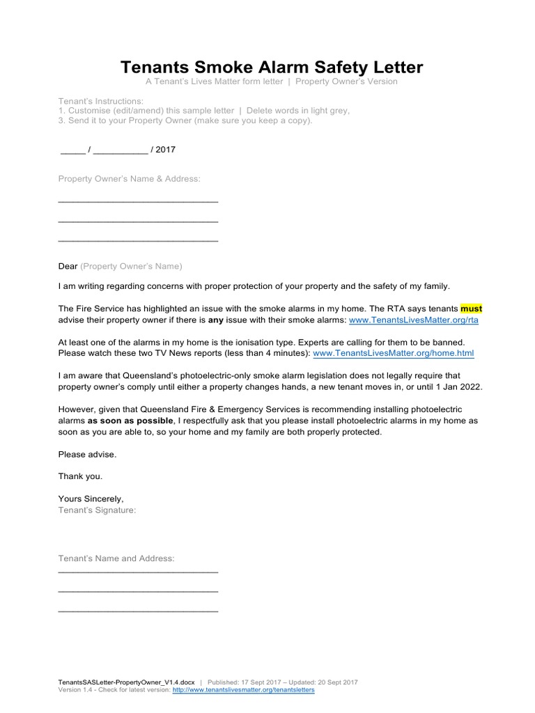 Tenants Smoke Alarm Safety Letter - Property Owners Version