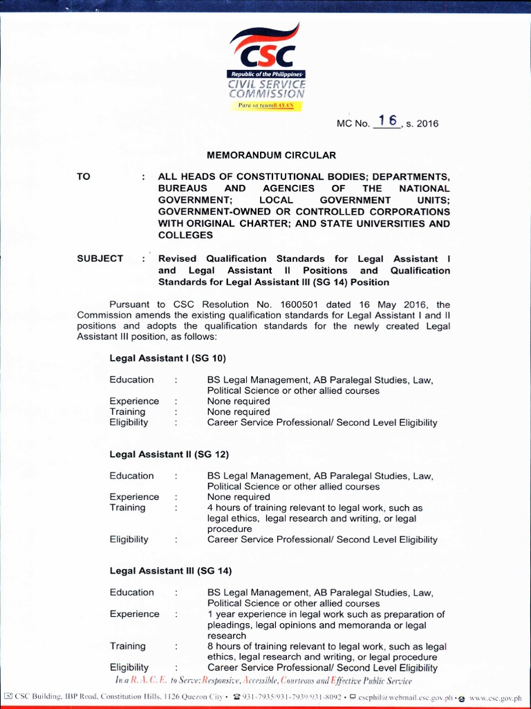 CSC MC No. 16 S. 2016 Revised QS For Legal Assistance I II III | PDF