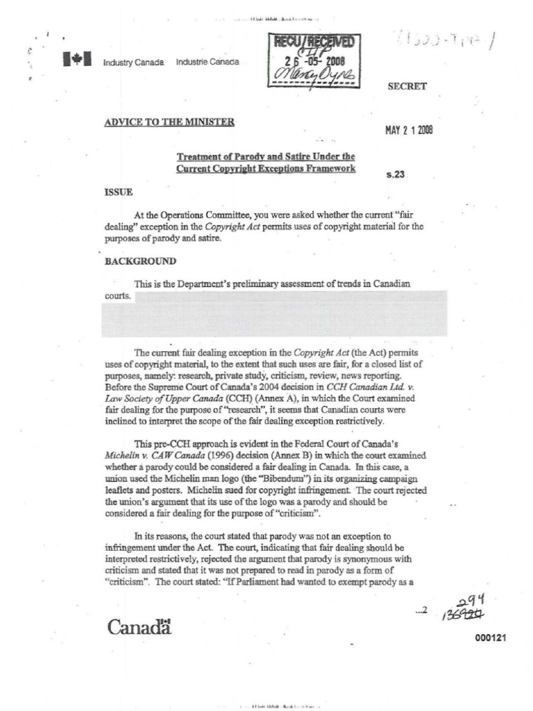Industry Canada Briefing Note To Minister: Treatment of Parody and ...