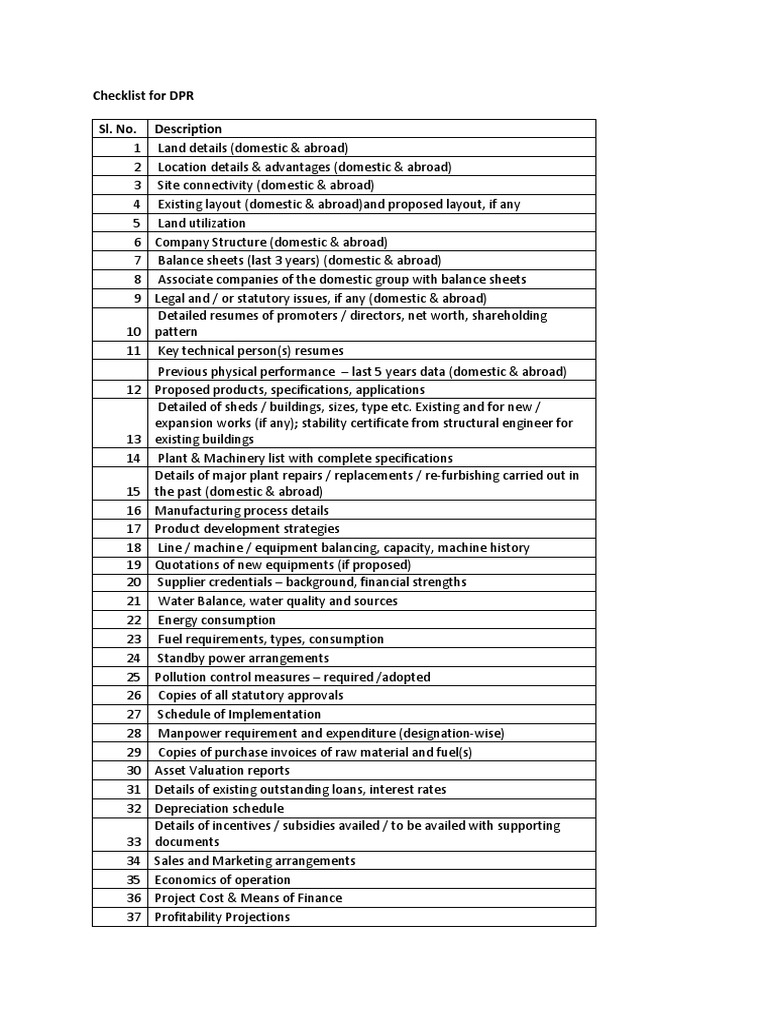 Checklist For DPR | PDF