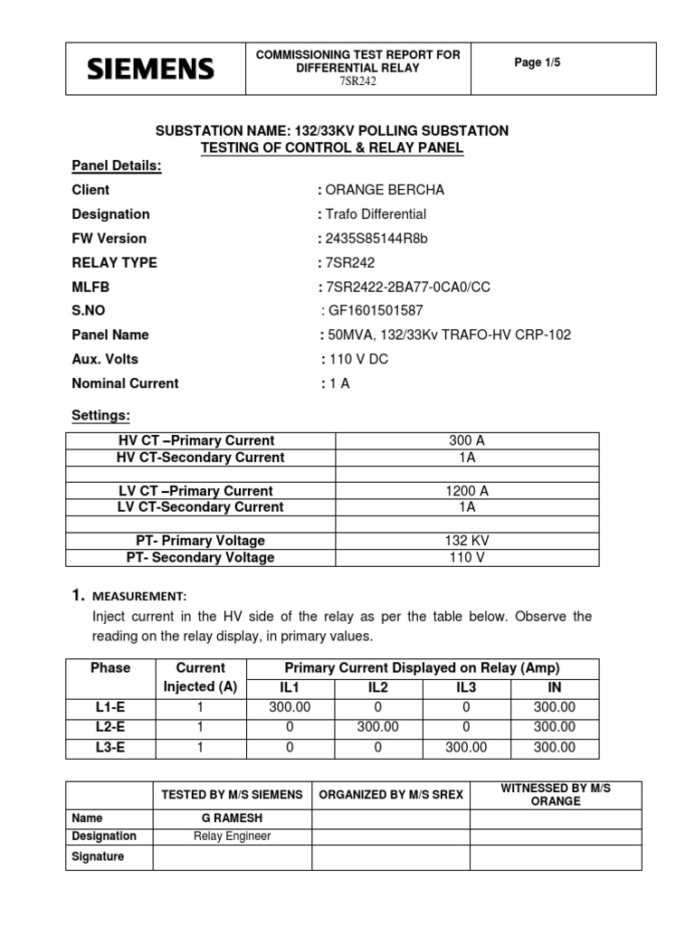 Commissioning Test Report For Differential Relay: 7SR242 Page 1/5