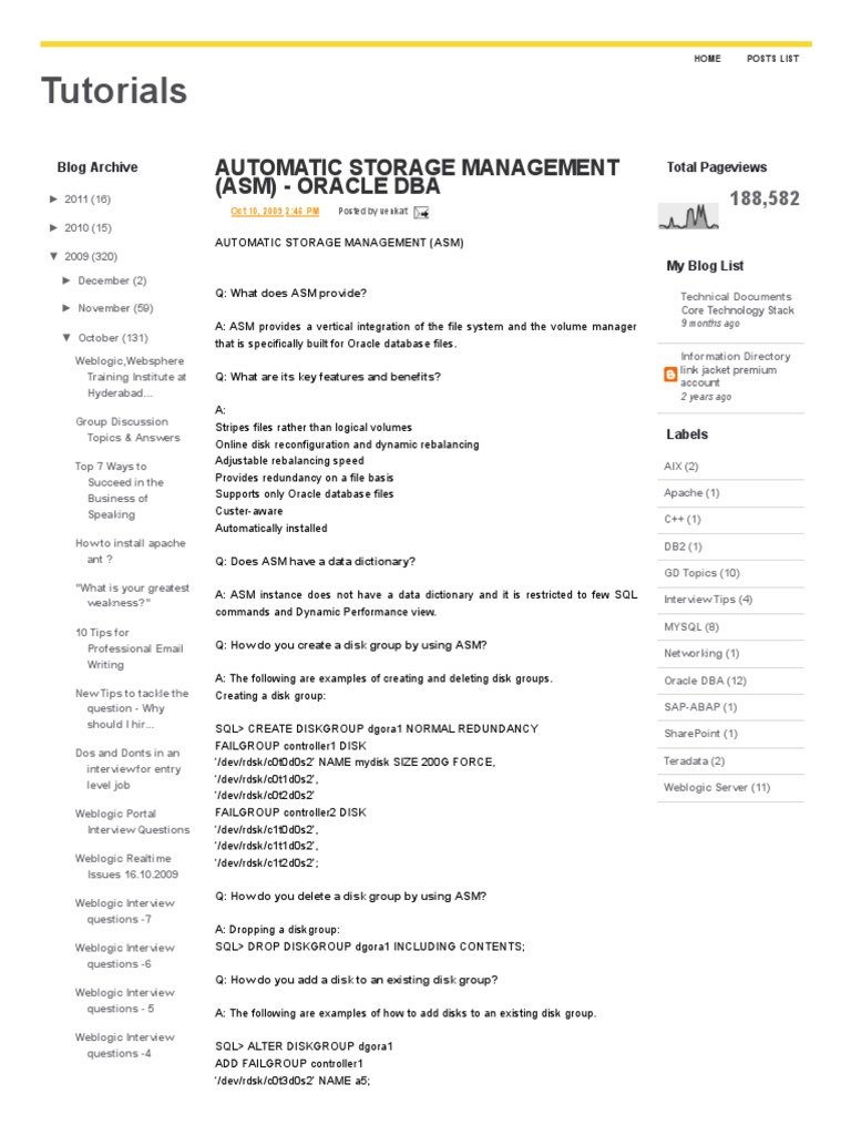 Tutorials Automatic Storage Management Asm Oracle Dba Pdf Oracle Database Scripting