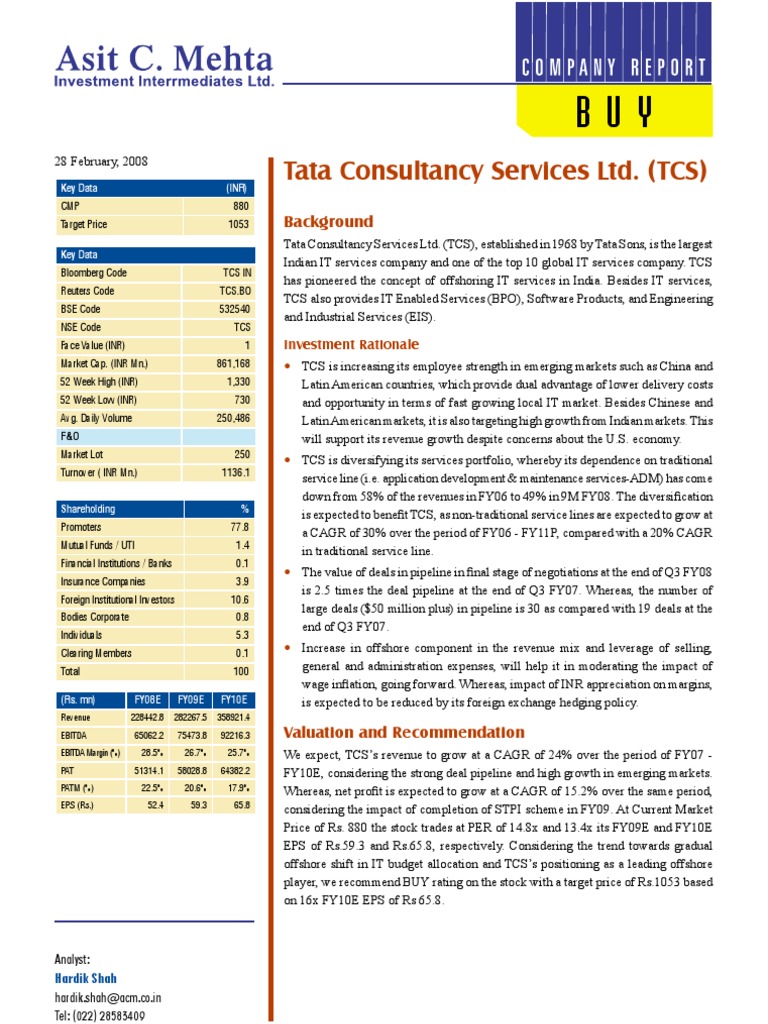 Tata Consultancy Services Ltd. (TCS) : Background | PDF | Business ...