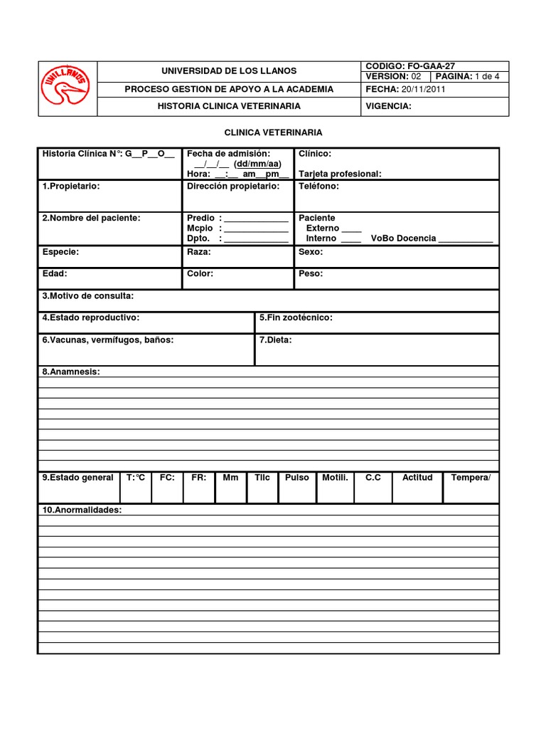 Fo-gaa-27 Formato Historia Clinica Veterinaria | Medicina veterinaria ...