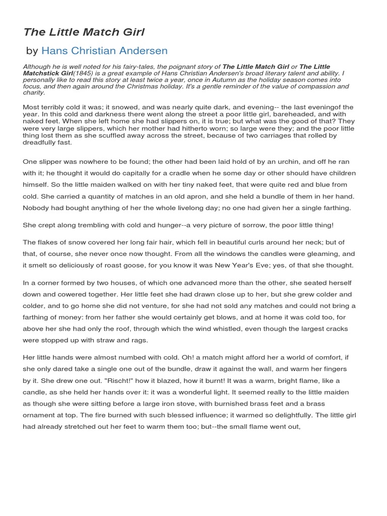 The Little Match Girl Short Story | Download Free PDF | Christmas