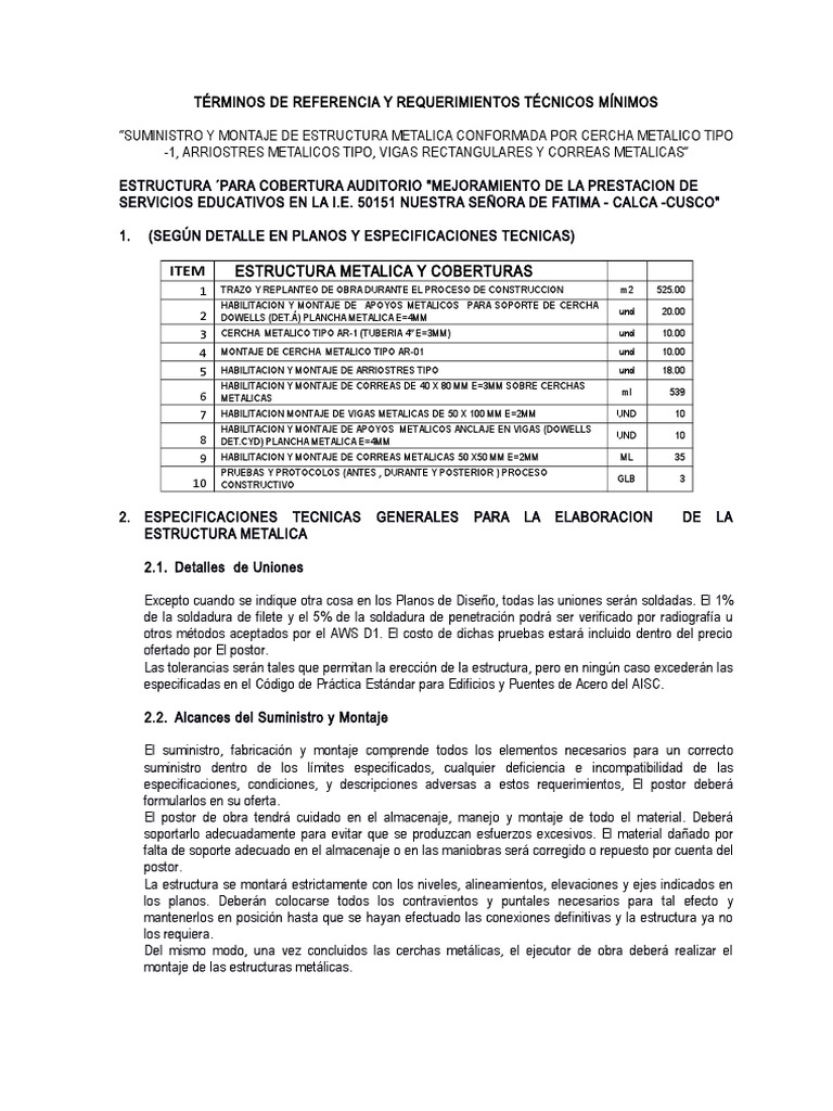 TDR Terminos de Referencia Estructura Calca-1 | PDF | Soldadura | Construcción