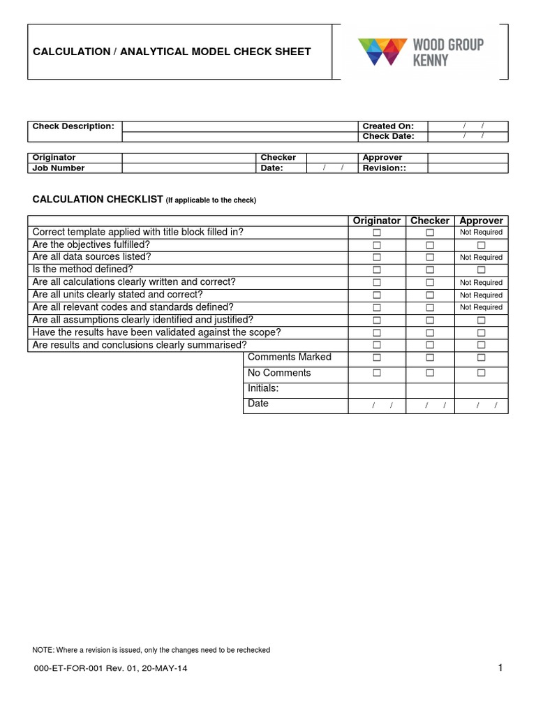 Calculation / Analytical Model Check Sheet: Calculation Checklist ...