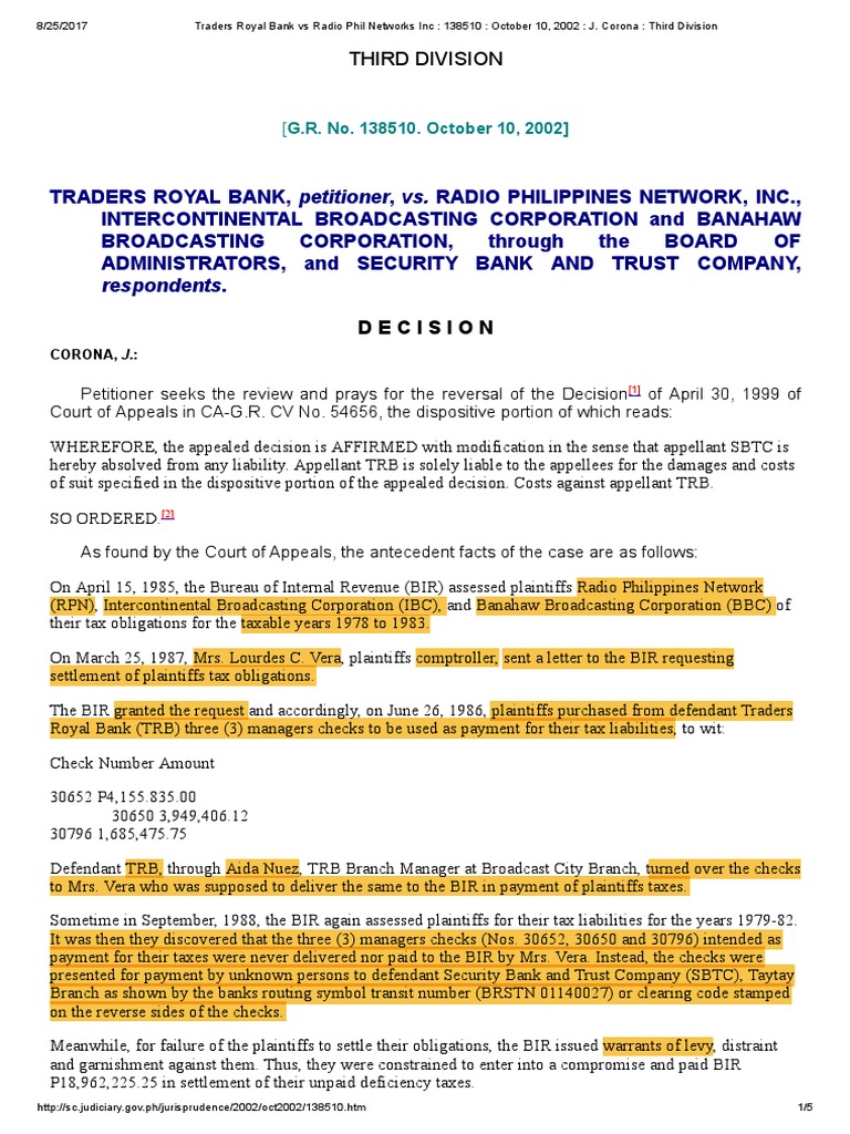 Traders Royal Bank v. Radio Philippines Network | PDF | Cheque | Lawsuit