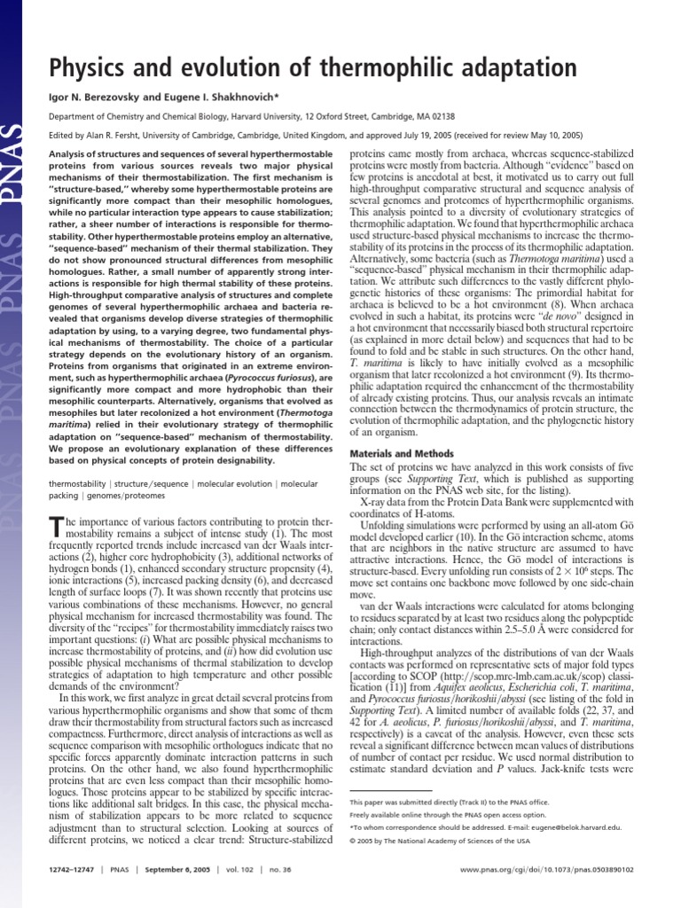 Physics and Evolution of Thermophilic Adaptation: Igor N. Berezovsky and Eugene I. Shakhnovich ...