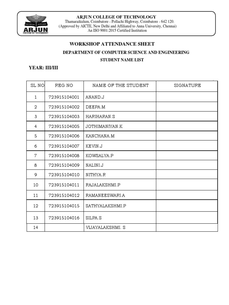 Workshop STUDENT Attendance Sheet | PDF | Business