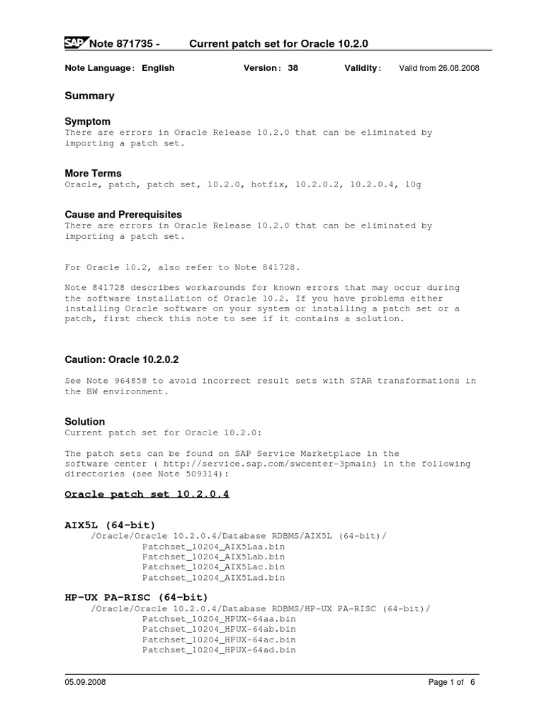 Note 871735 - Current Patch Set For Oracle 10.2.0 | PDF | Oracle Database | 64 Bit Computing