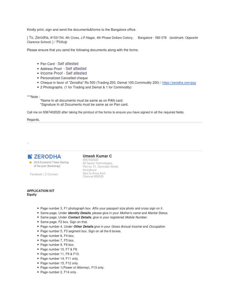 (To, Zerodha,) / Pickup: Self Attested Self Attested Income Proof ...