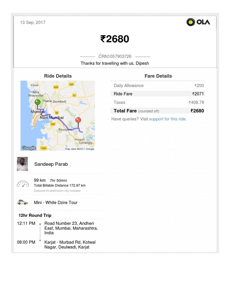 Ola Cab Bill | PDF | Invoice | Services (Economics)