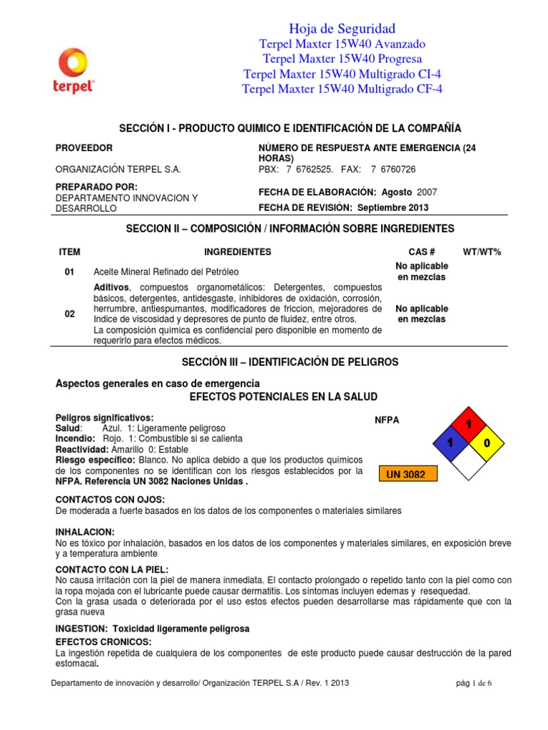 Aceite 15w40 Pdf Petróleo Mercancías Peligrosas
