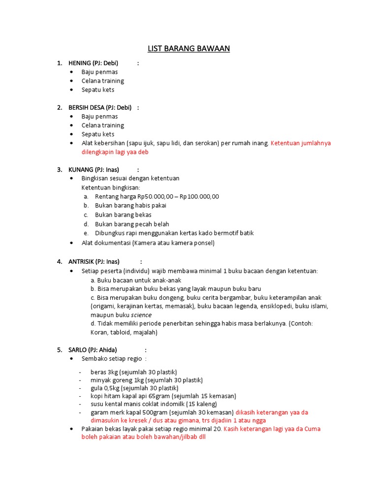 List Barang Bawaan Peserta Acara | PDF