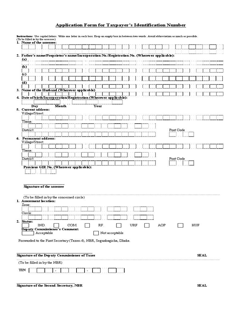 Application Form For Taxpayer's Identification Number: (To Be Filled in ...