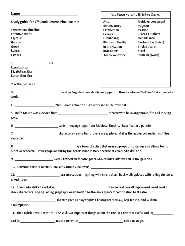 Study Guide For 7th Grade Drama Final Examb | PDF | Theatre | Commedia ...