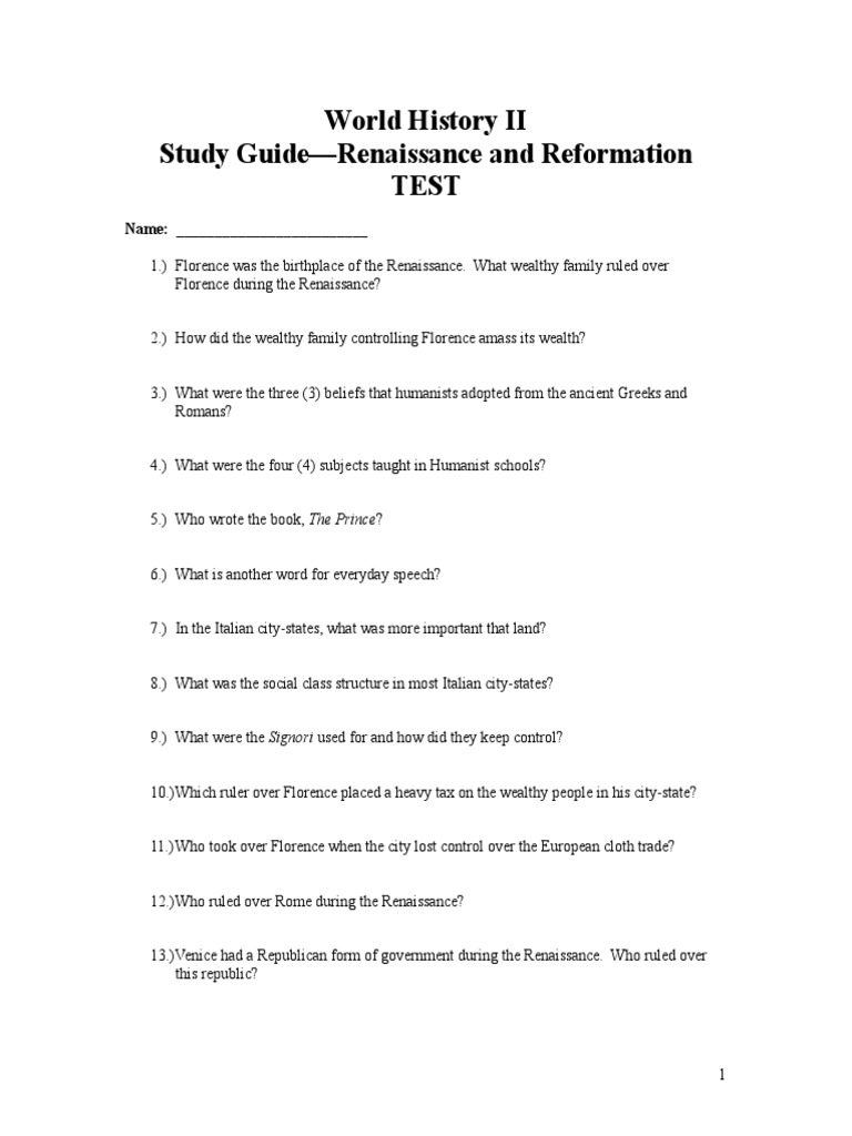 World History II Study Guide-Renaissance and Reformation Test | PDF ...