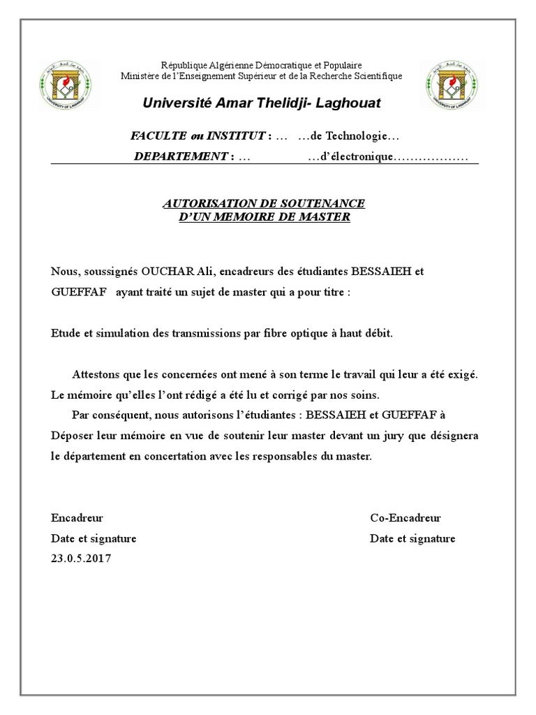 Modèle Autorisation de Soutenance-Master Ar-Fr | PDF