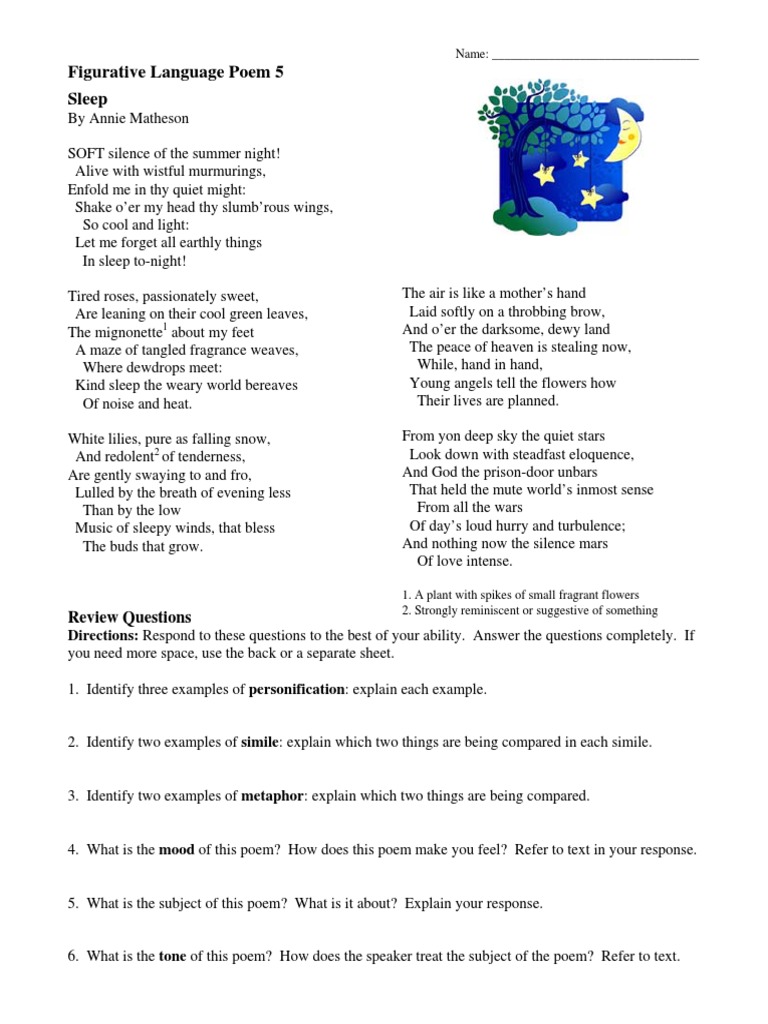Figurative Language Poem 5 Sleep by Annie Matheson | PDF