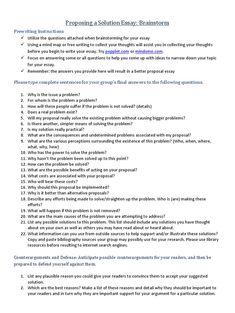Proposing A Solution Essay: Brainstorm: Prewriting Instructions | PDF | Brainstorming | Essays