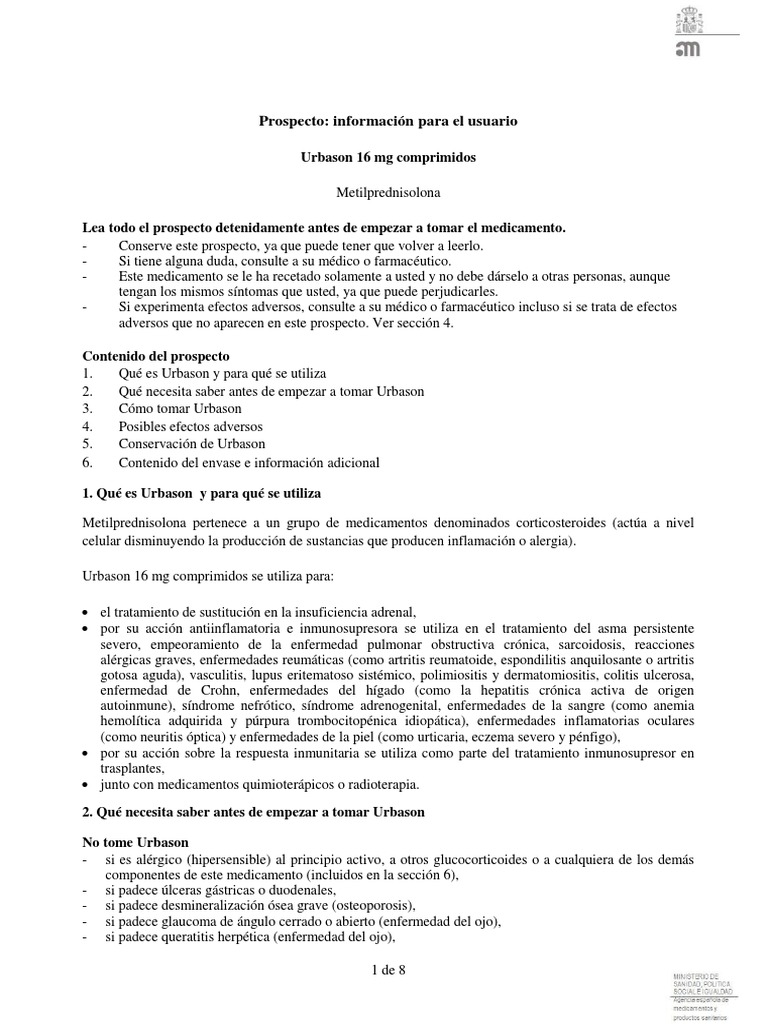 Prospecto: Información para El Usuario: Urbason 16 MG Comprimidos | PDF ...