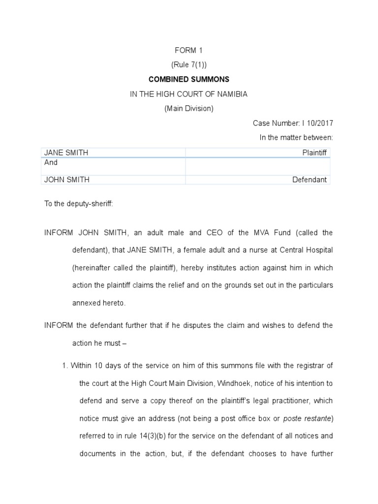Combined Summons | Summons | Pleading