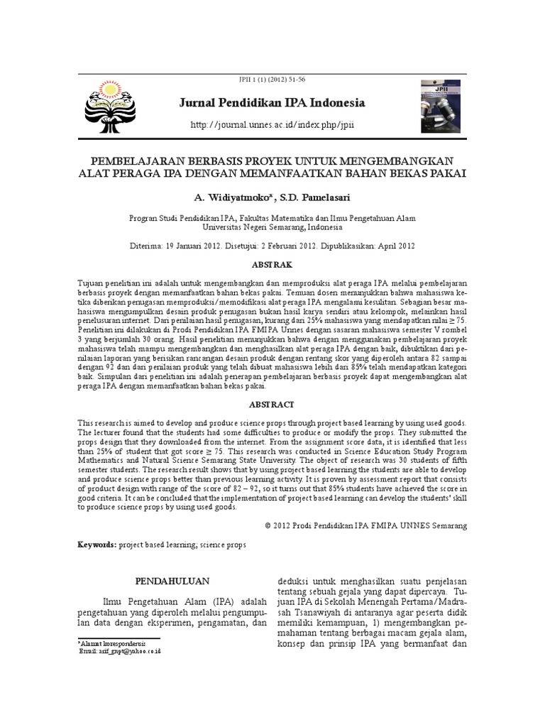 Pembelajaran Berbasis Proyek Untuk Mengembangkan Alat Peraga Ipa Dengan Memanfaatkan Bahan Bekas ...