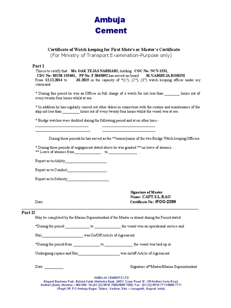 Certificate of Watchkeeping For First Mate | PDF | Watercraft | Industries