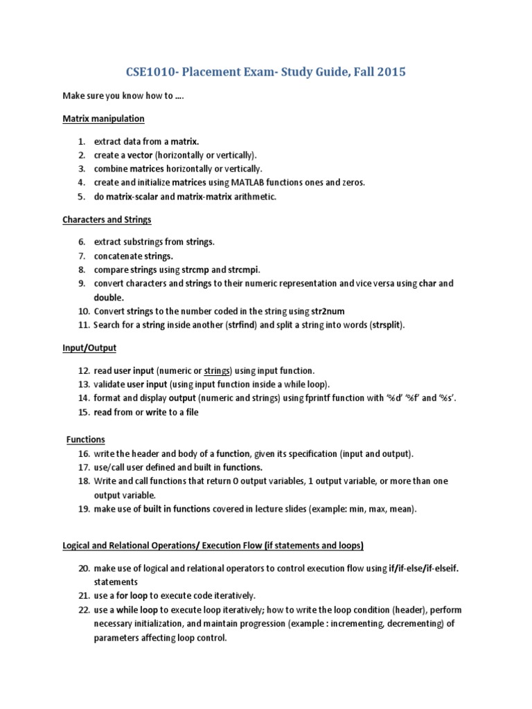 CSE 1010 Placement Exam Study Checklist | PDF