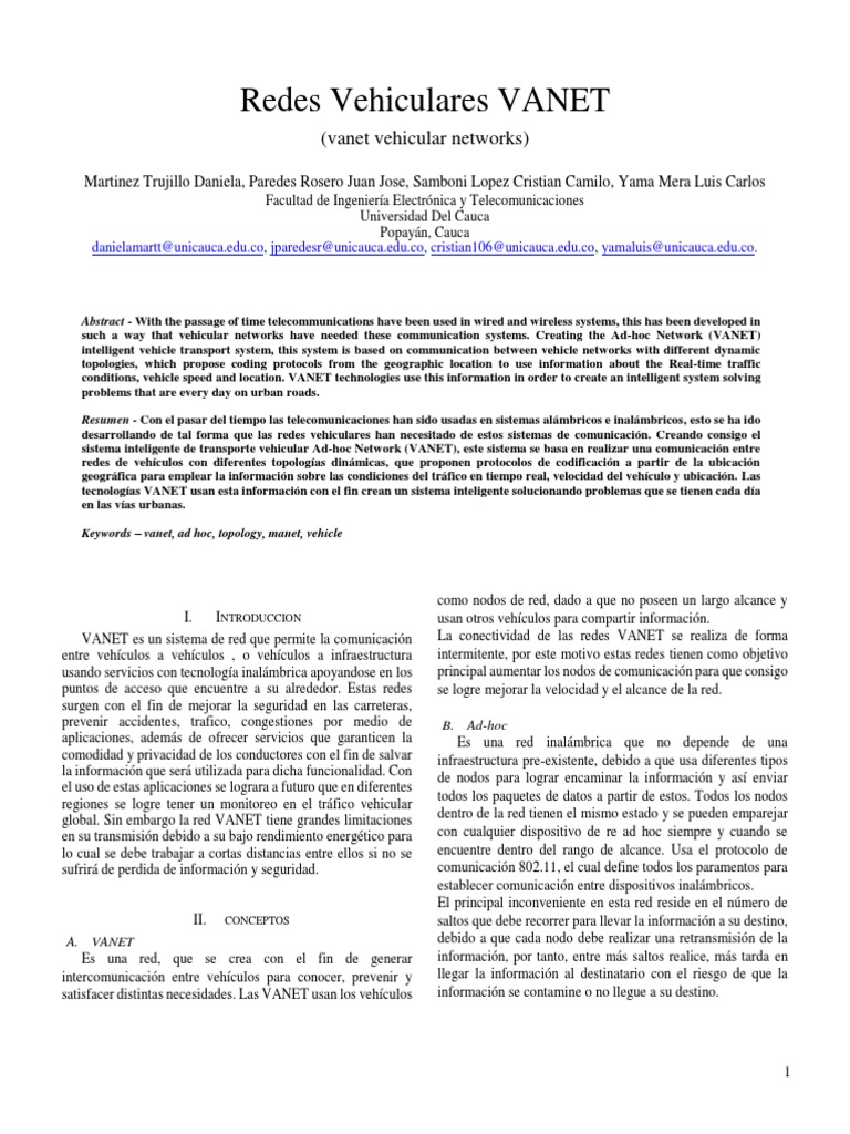 Redes VANET: Comunicación Vehicular Inteligente | PDF | Red de ...