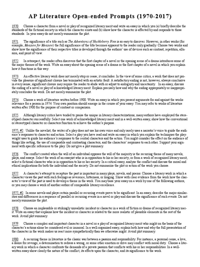 AP Literature Open-Ended Essay Prompts | PDF | The Awakening (Chopin ...
