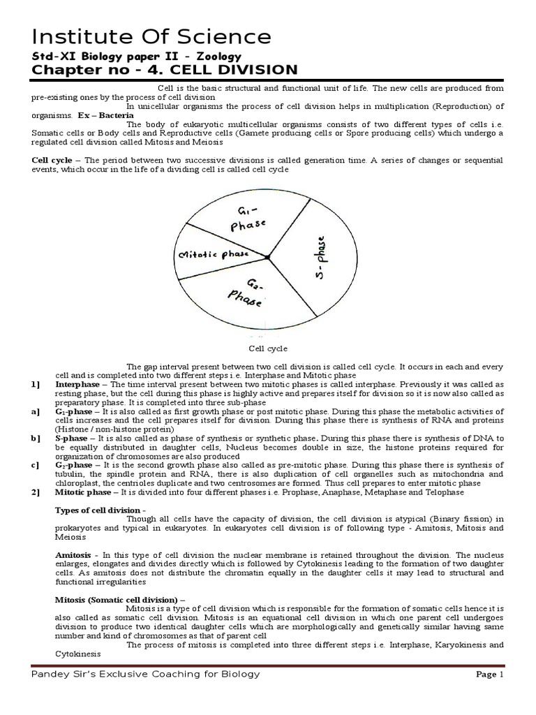 Institute of Science: Chapter No - 4. CELL DIVISION | PDF | Mitosis ...