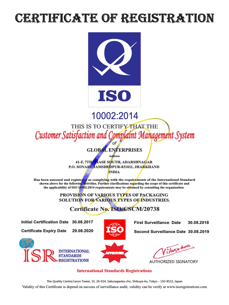 Certificate of Registration: Customer Satisfaction and Complaint ...