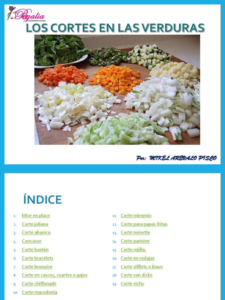 Tipos de Cortes de Verduras | PDF | Alimentos | Cocinando