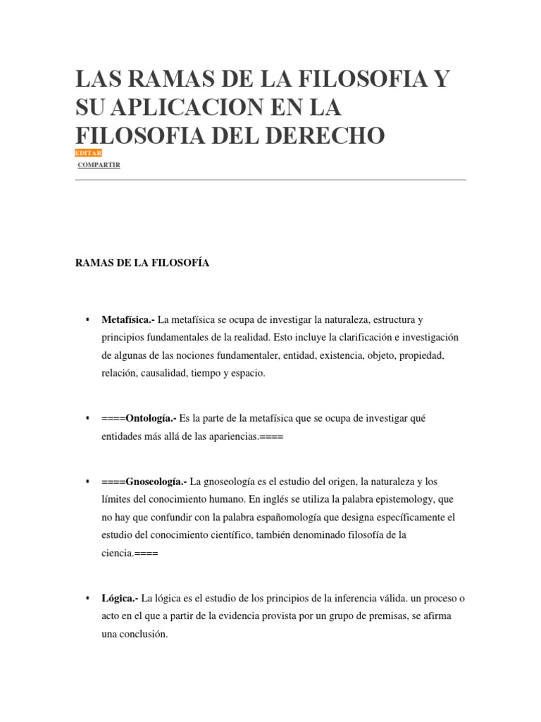 Las Ramas de La Filosofia y Su Aplicacion en La Filosofia Del Derecho | PDF | Axiología | Metafísica