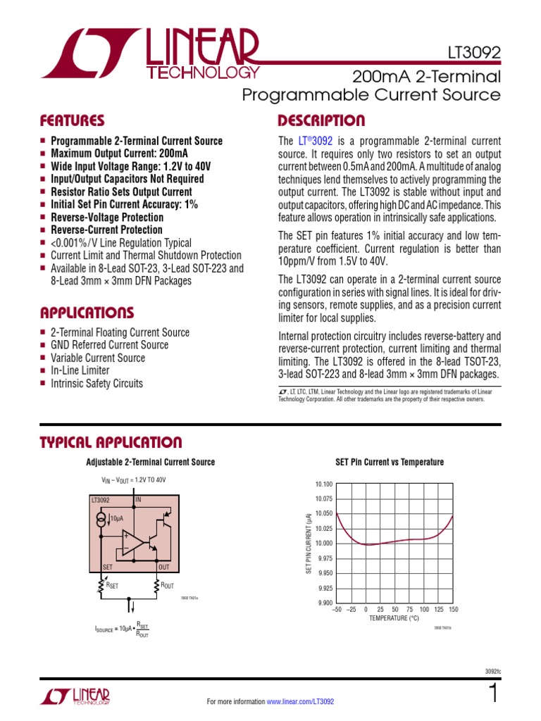 Description Features: Lt3092 200ma 2-Terminal Programmable Current ...