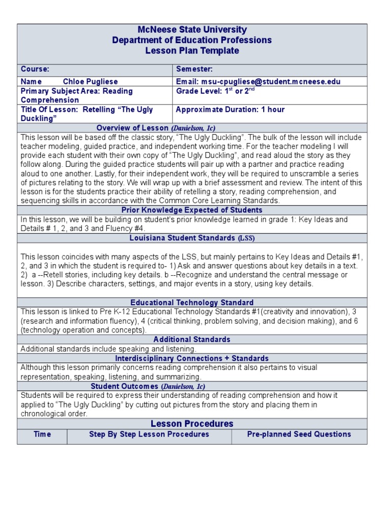 Edtc Lesson Plan Ugly Duckling 2 | PDF | Reading Comprehension | Lesson ...