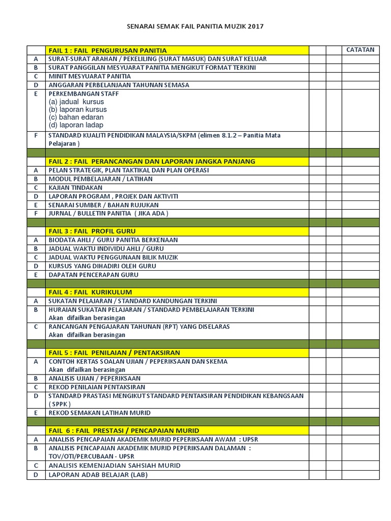 Senarai Semak Fail Panitia Muzik 2017 | PDF