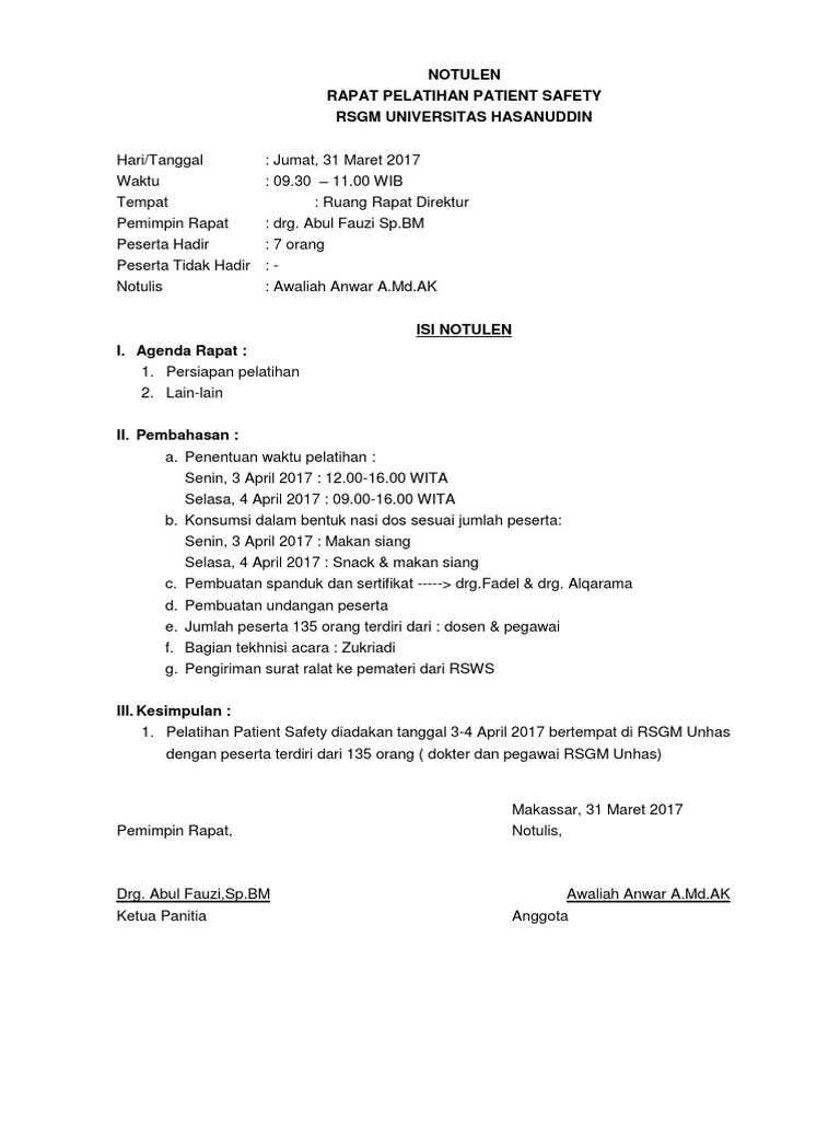 Notulen Rapat Patient Safety | PDF